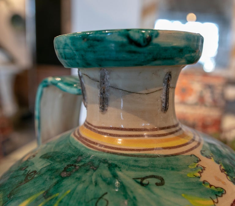 19th Century Spanish Talavera Ceramic Vase with Plants and Goat at 1stDibs