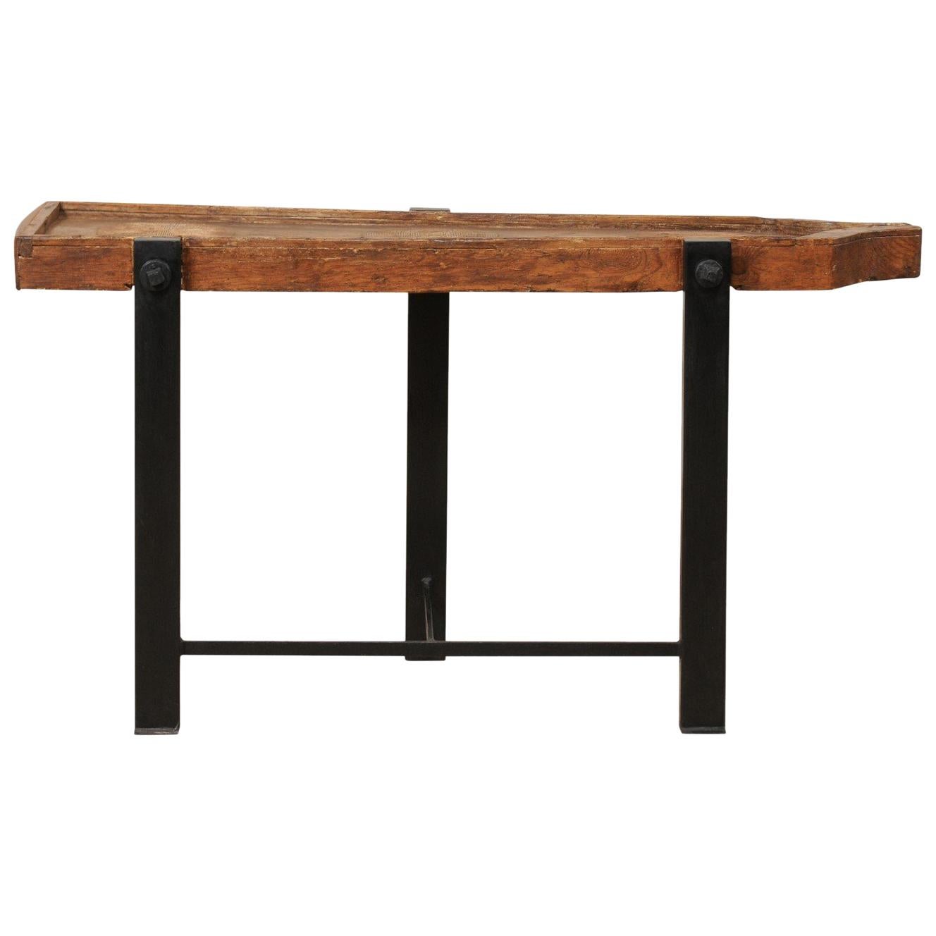 19th Century Spanish Wood Trough Top Side Table with Custom Iron Base ...