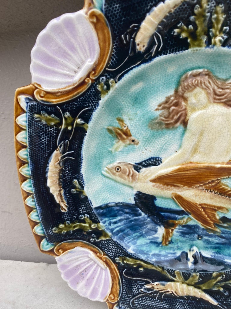 19th Century Square Majolica Mermaid Wall Plate For Sale at 1stDibs