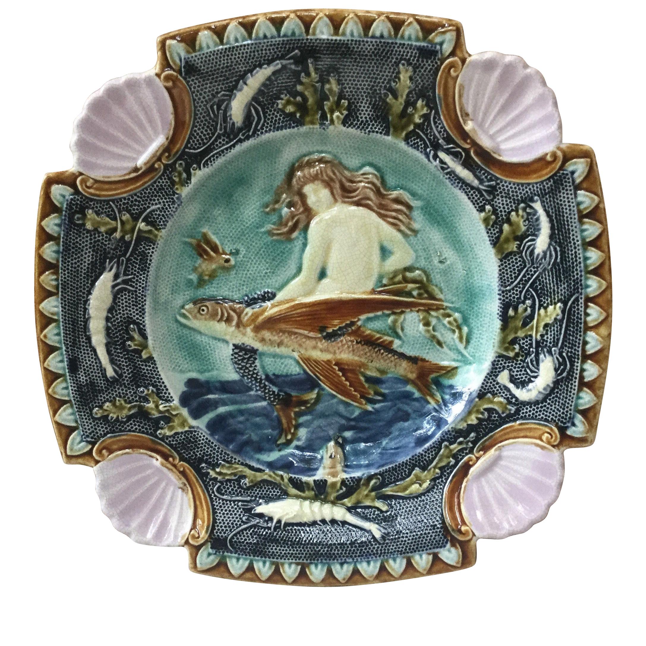 19th Century Square Majolica Mermaid Wall Plate at 1stDibs