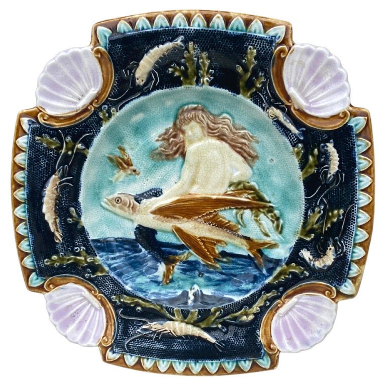 19th Century Square Majolica Mermaid Wall Plate For Sale at 1stDibs