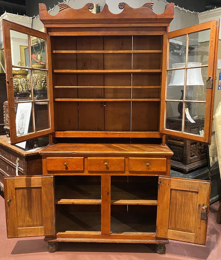 19th Century Stepback Cupboard with Glazed Doors and Unusual Carved ...