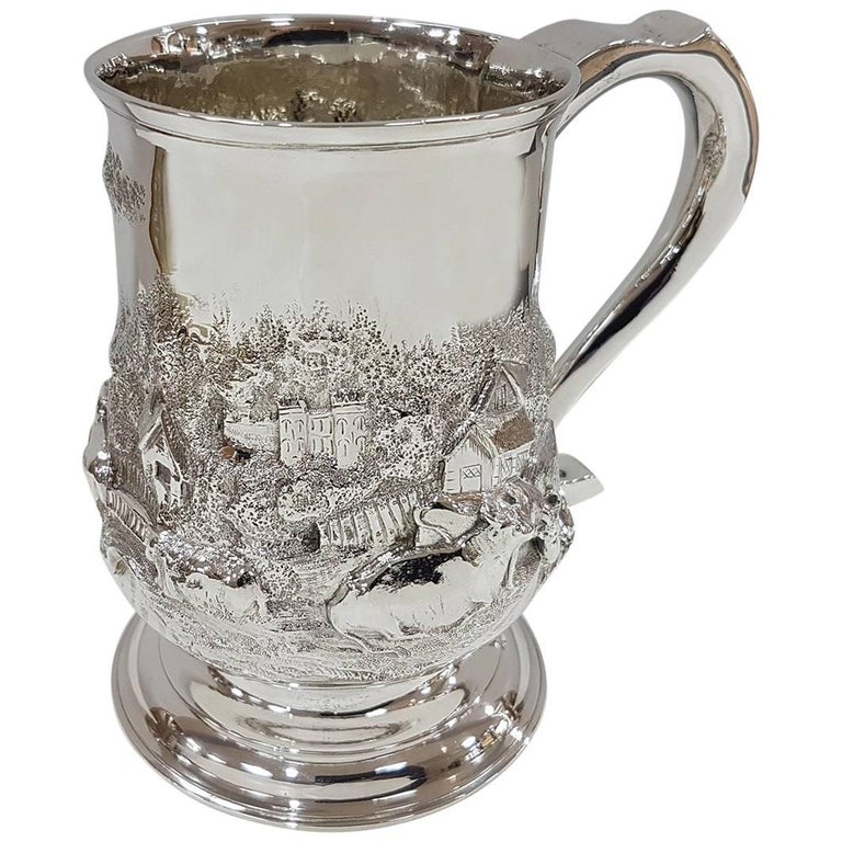 19th Century Sterling Silver Footed Tankard with Countryside Scene ...