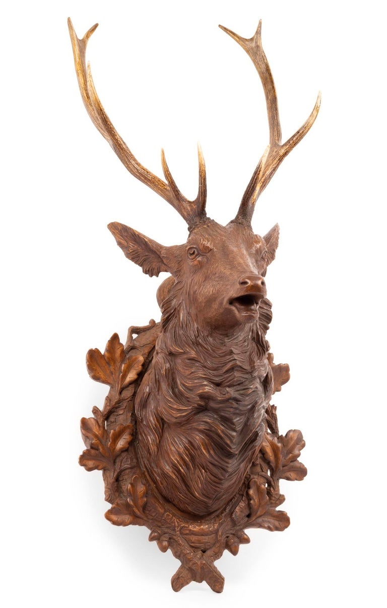 19th Century Swiss Life-Size Wood Carved Stag Head Mount at 1stDibs ...