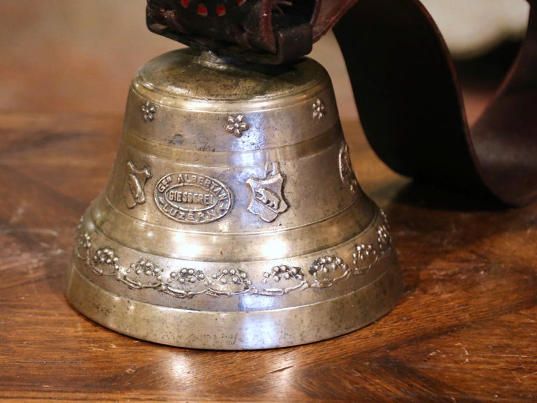 19th Century Swiss Signed Bronze Cow Bell with Original Leather Strap ...