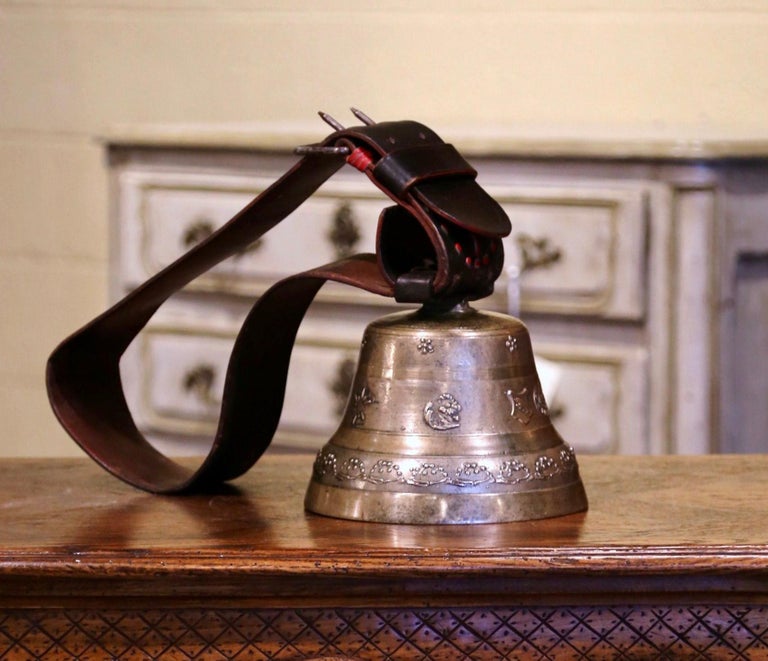 19th Century Swiss Signed Bronze Cow Bell with Original Leather Strap ...