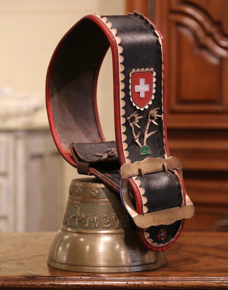 19th Century Swiss Signed Bronze Cow Bell with Original Leather Strap ...