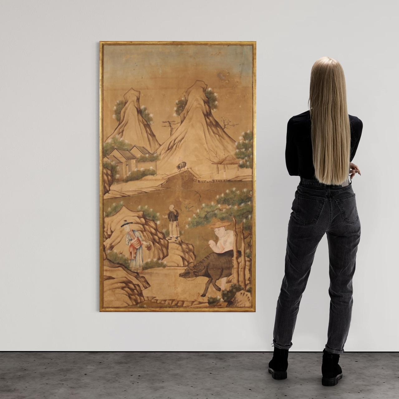 19th Century Tempera on Paper Antique Chinese Landscape Painting, 1830s ...