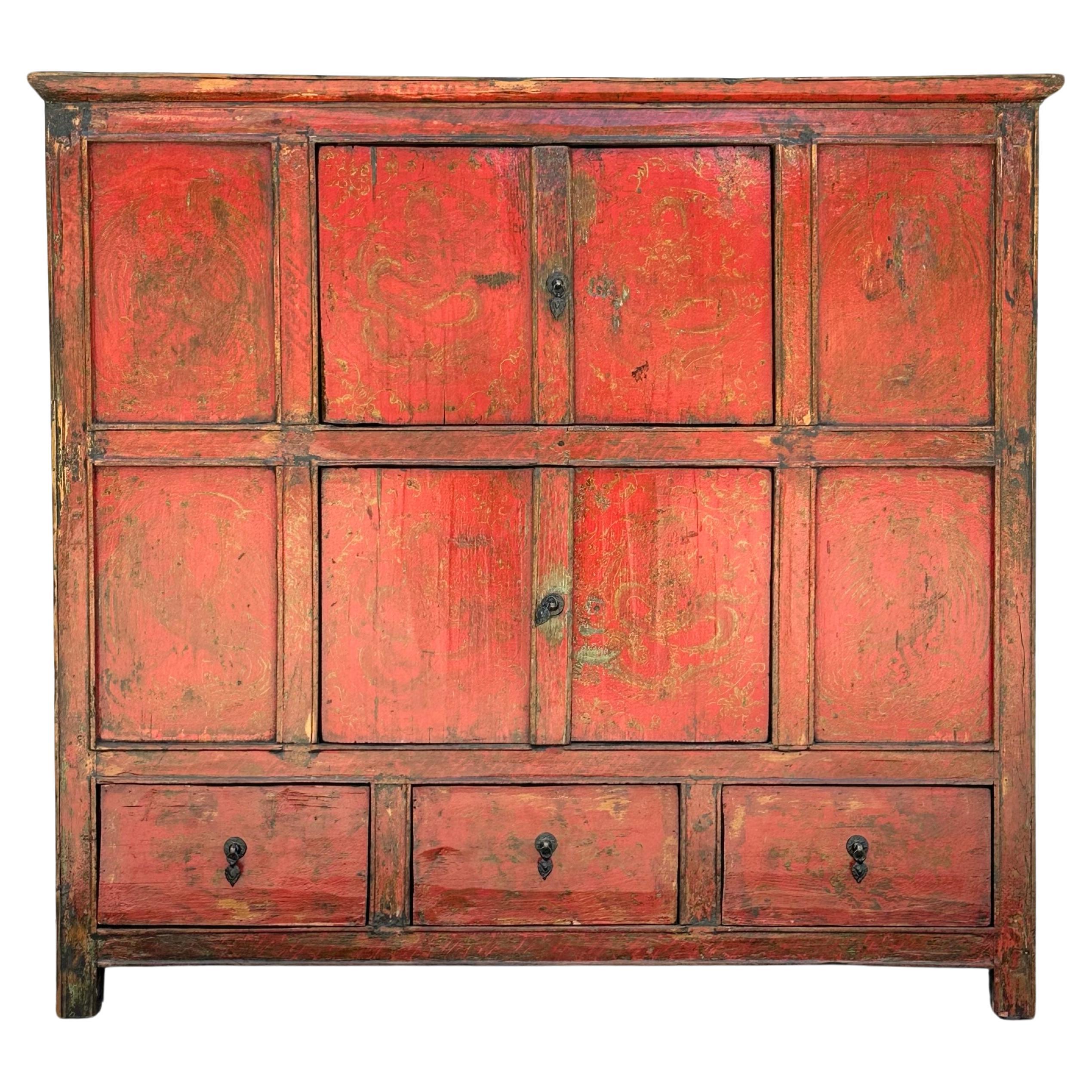 19th Century Tibetan Red Painted Cabinet For Sale at 1stDibs