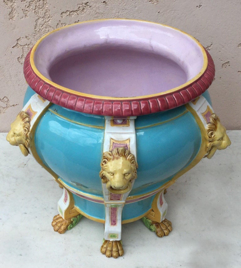 19th Century Turquoise Minton Majolica Lions Jardiniere For Sale at 1stDibs