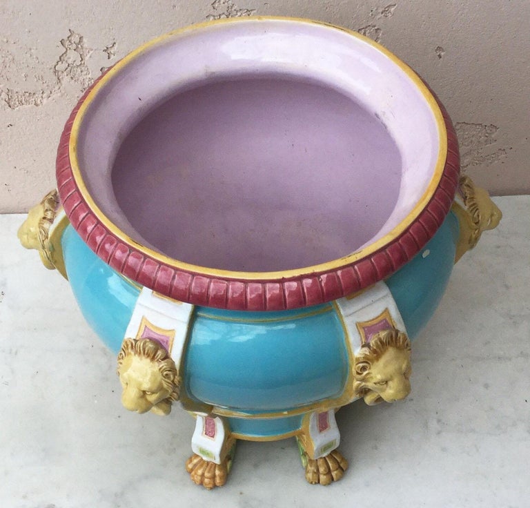 19th Century Turquoise Minton Majolica Lions Jardiniere For Sale at 1stDibs