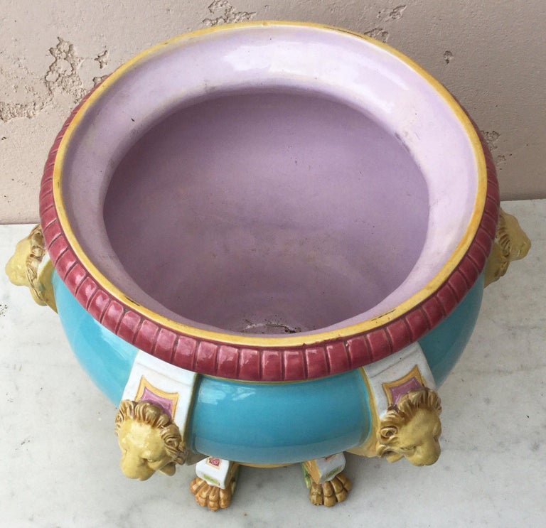 19th Century Turquoise Minton Majolica Lions Jardiniere For Sale at 1stDibs