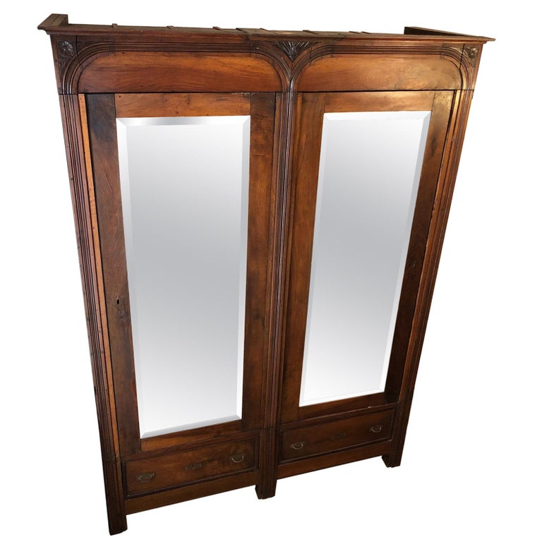 1880s Tuscan Wardrobe Solid Walnut Ground Mirrors Restored Wax Polished ...