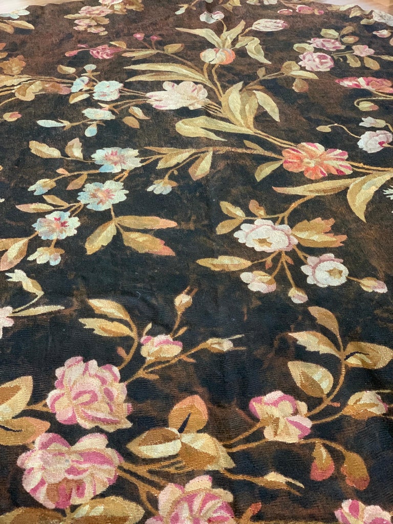 19th Century Two French Round Wool Tapestries with Flowers on Dark ...