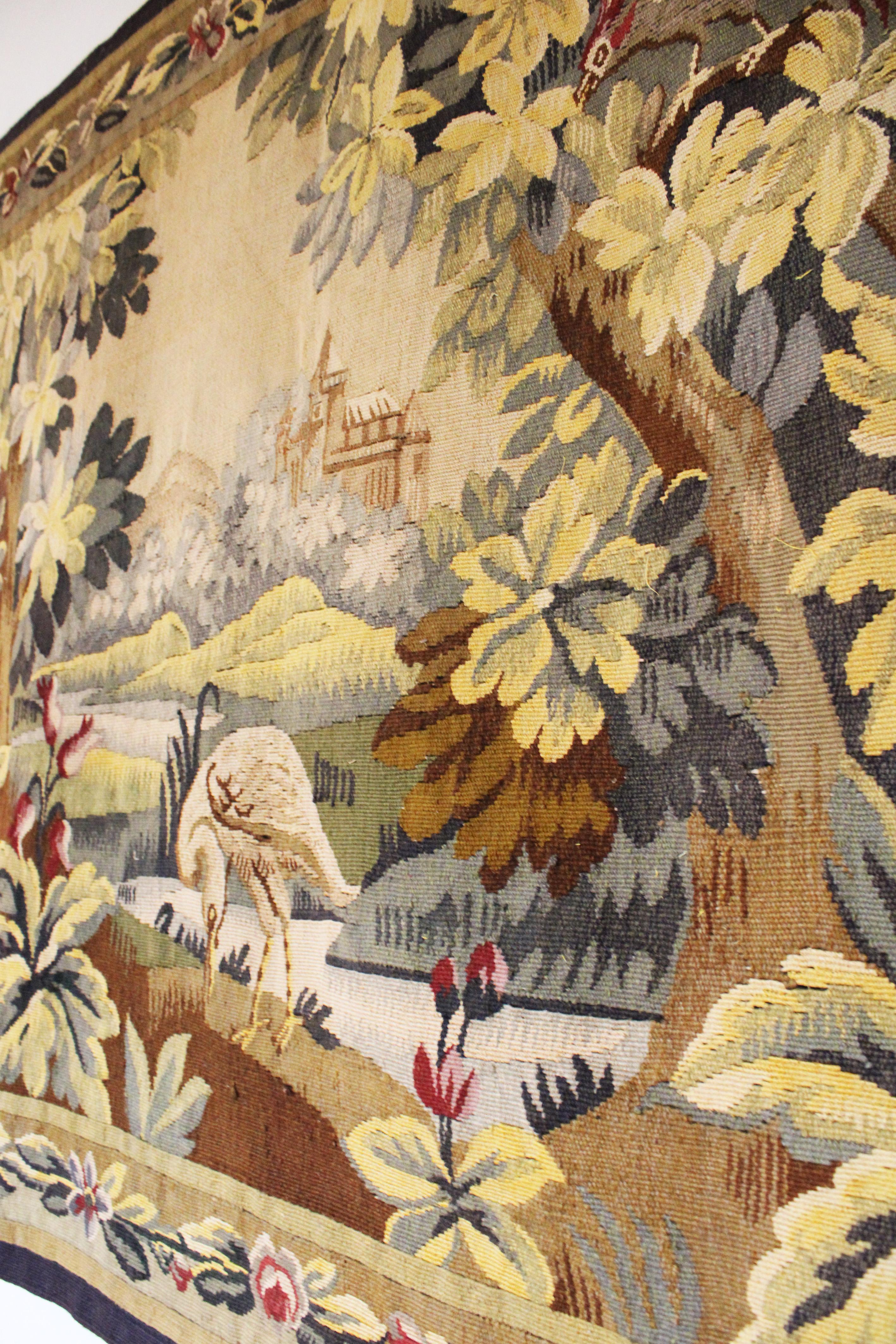 19th Century Verdure Tapestry "Scene of river Castle Bird" Aubusson Wool France For Sale at 1stDibs