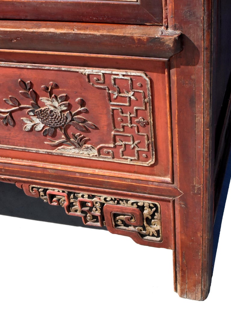 19th Century Chinese Vermillion Red Gilt Silvered Carved Armoire For ...