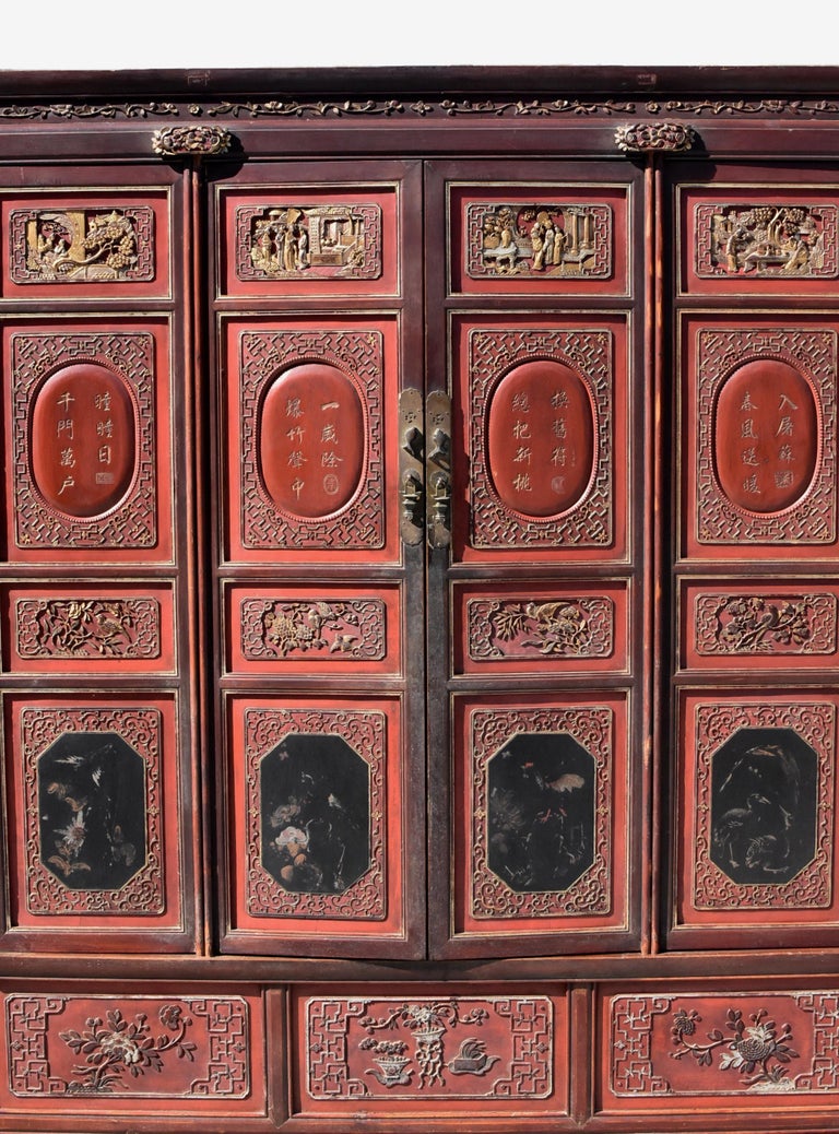 19th Century Chinese Vermillion Red Gilt Silvered Carved Armoire For ...
