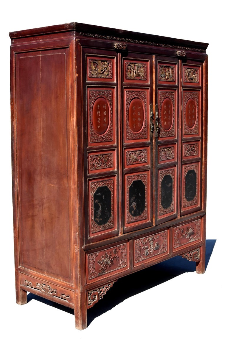19th Century Chinese Vermillion Red Gilt Silvered Carved Armoire For ...