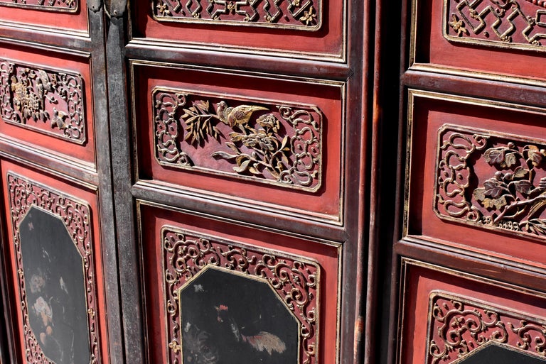 19th Century Chinese Vermillion Red Gilt Silvered Carved Armoire For ...