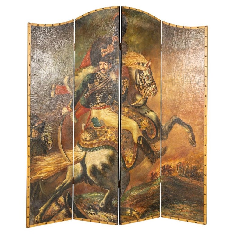 19th Century Victorian 'Cavalry in Battle' Oil Painted Folding Screen ...