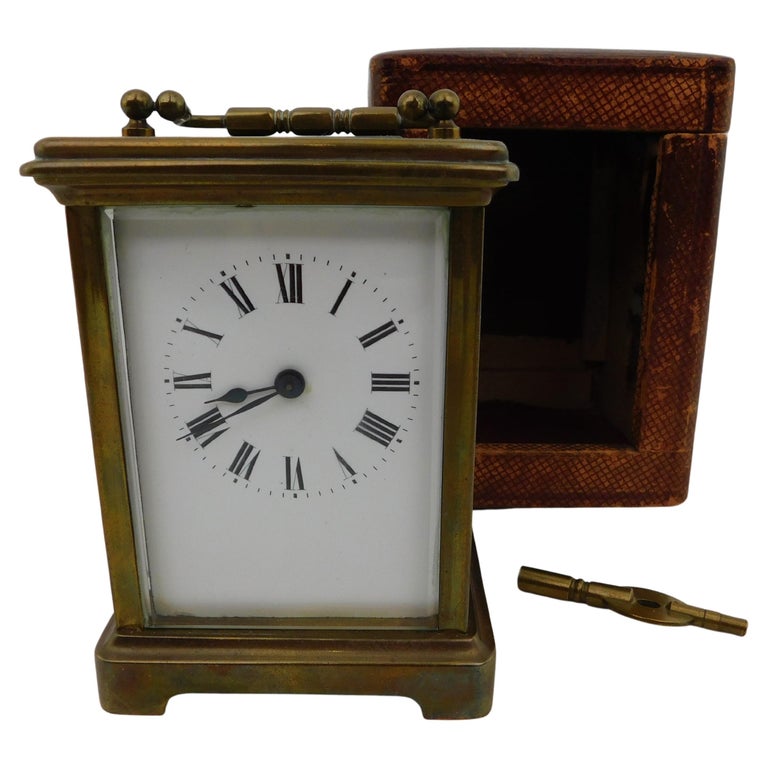19th Century Victorian English Carriage Travel Clock in Leather Case ...
