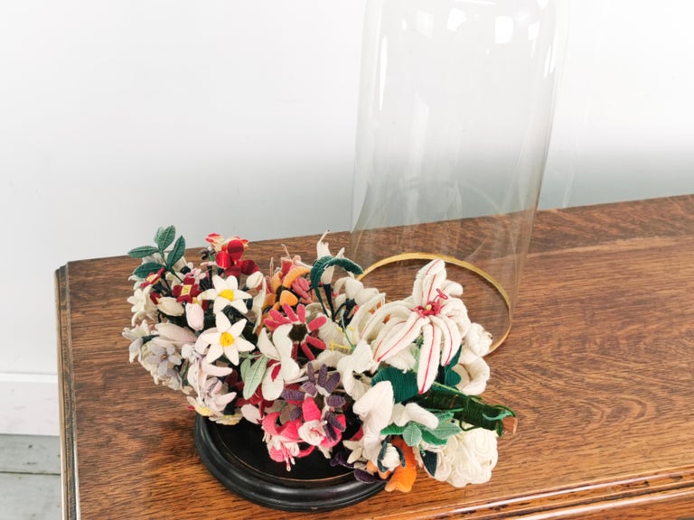 19th Century Victorian Glass Domed Still Life of Wool Flowers For Sale ...