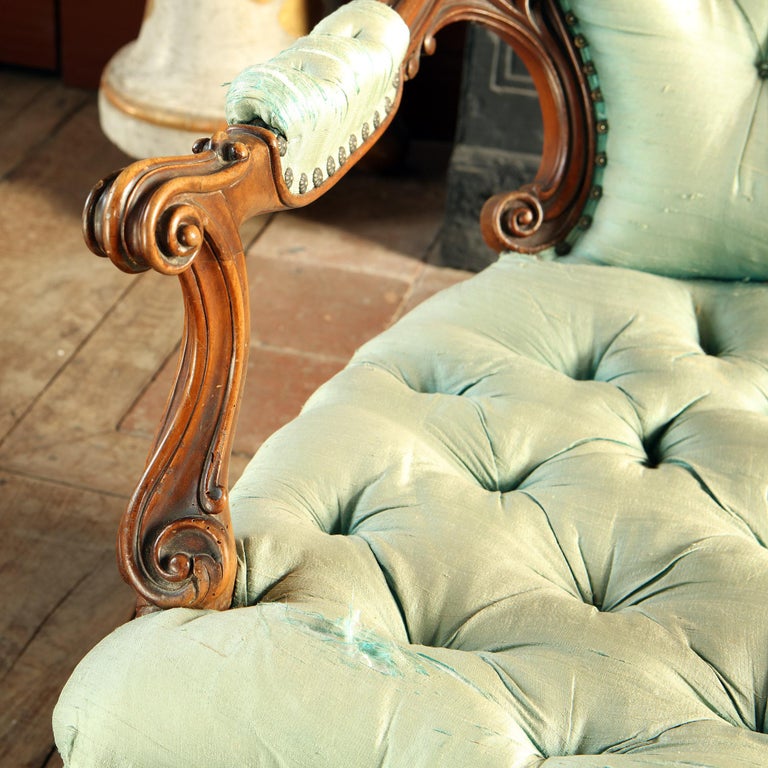 19th Century Victorian Silk Button Upholstered Armchair For Sale at 1stDibs
