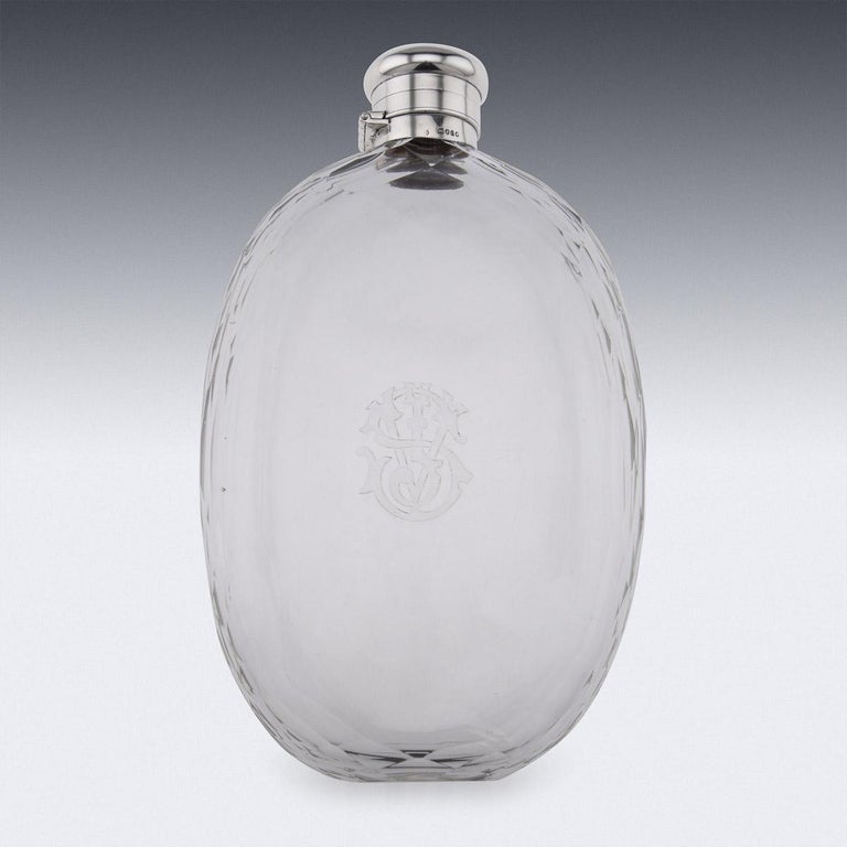 19th Century Victorian Solid Silver and Glass Huge Hip Flask, London, c ...