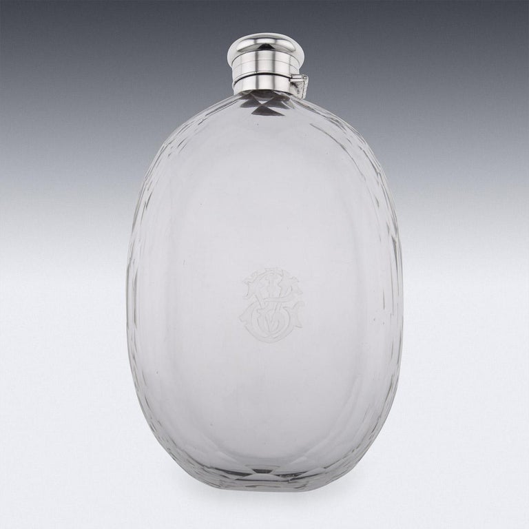 19th Century Victorian Solid Silver and Glass Huge Hip Flask, London, c ...