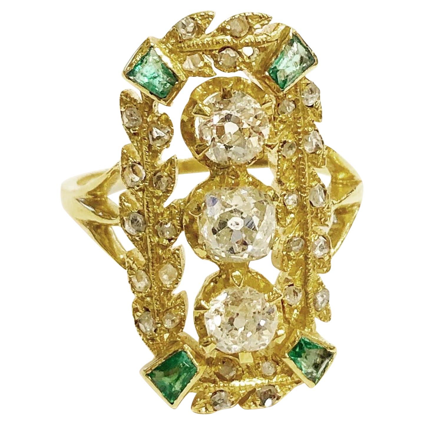 18 Karat Yellow Gold Emerald and Tapered Baguette Diamond Cocktail Ring ...