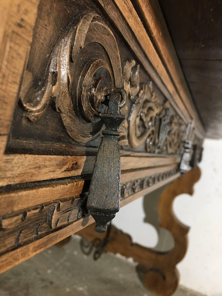 19th Century Walnut and Wrought Iron Desk with Two Drawers and Lyre ...