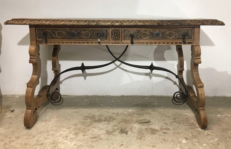 19th Century Walnut and Wrought Iron Desk with Two Drawers and Lyre ...