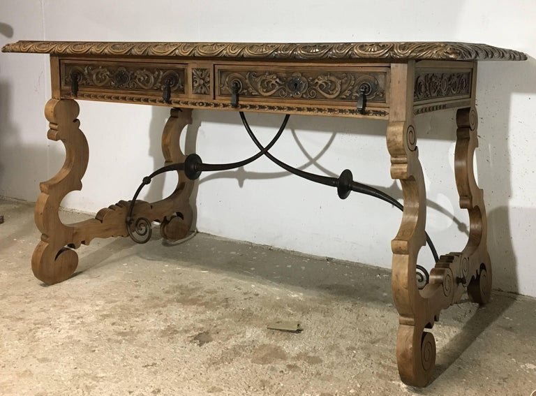 19th Century Walnut and Wrought Iron Desk with Two Drawers and Lyre ...