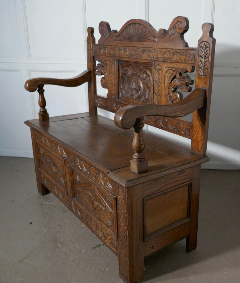 19th Century Welsh High Back Carved Oak Box Settle at 1stDibs