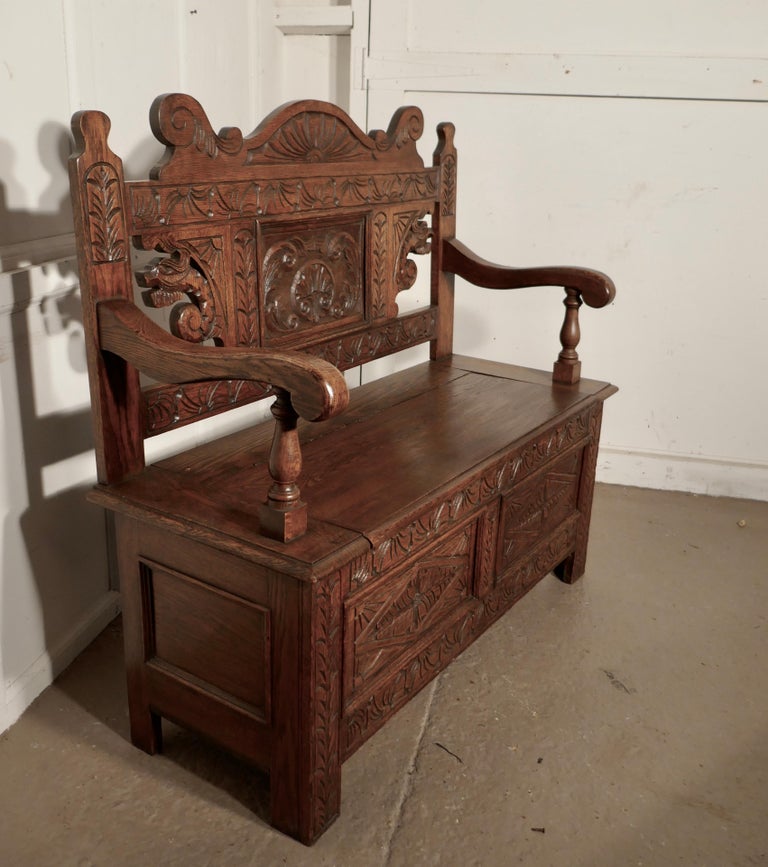 19th Century Welsh High Back Carved Oak Box Settle at 1stDibs