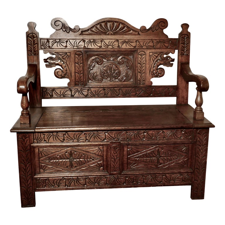 19th Century Welsh High Back Carved Oak Box Settle at 1stDibs