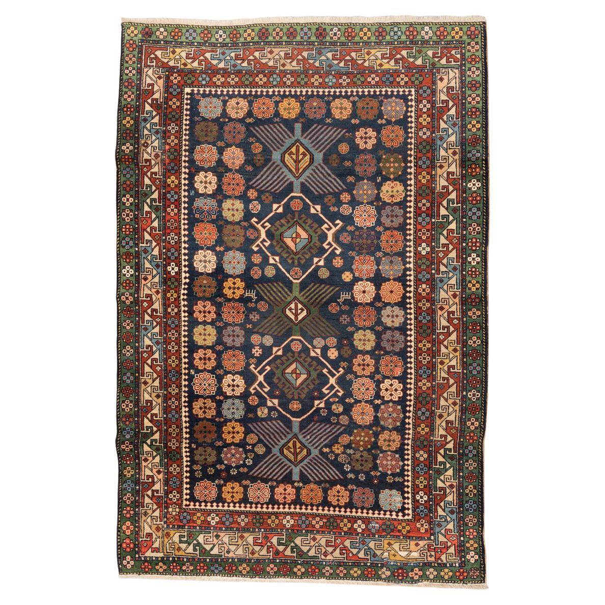 19th Century Dark Blu White Boteh and Birds Caucasus Runner Rug, ca ...
