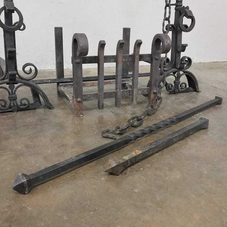 19th Century Wrought Iron Andiron Fireplace Set at 1stDibs