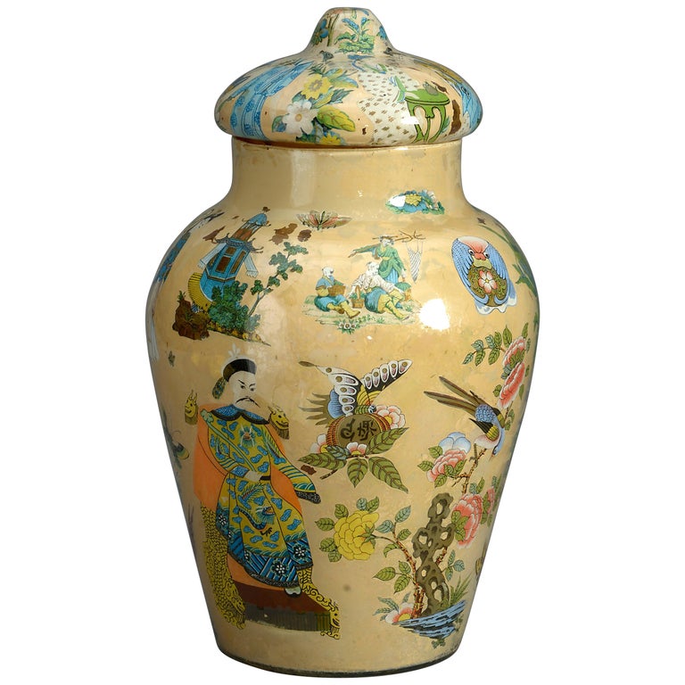 19th Century Yellow Ground Decalcomania Glass Vase and Cover For Sale ...