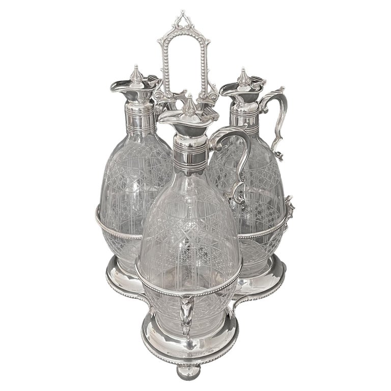 19th CenturyBritish Cut Crystal Mounted Silver Plated Cruet Set For ...
