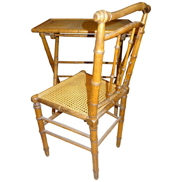 English Campaign Wood and Rattan Writing Desk Folding Table and Chair ...