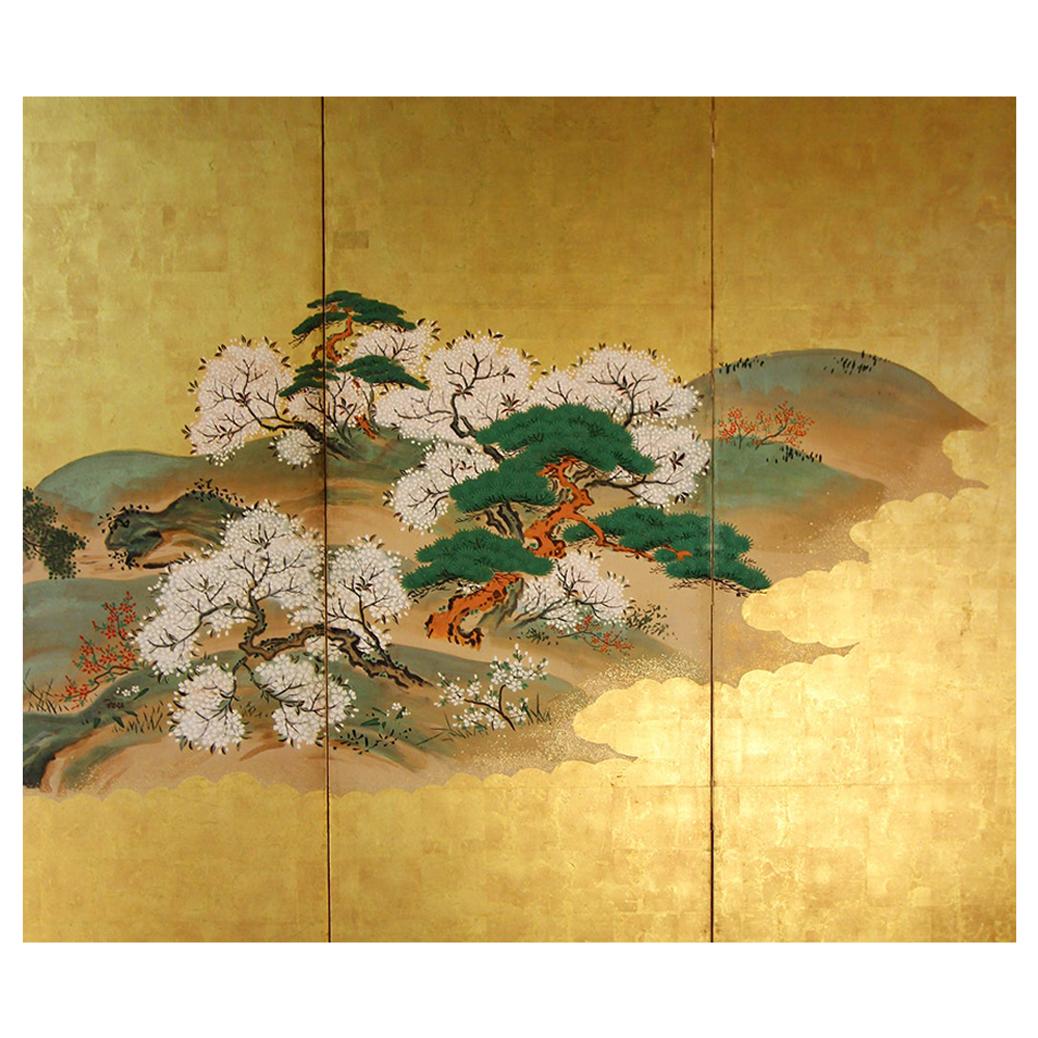 Japanese Edo Era Rinpa School Chrysanthemum Gold Leaf Folding Screen ...