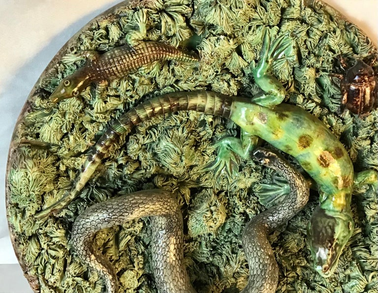 19th Majolica Palissy Snake and Lizard Wall Platter Jose Alves Cunha ...