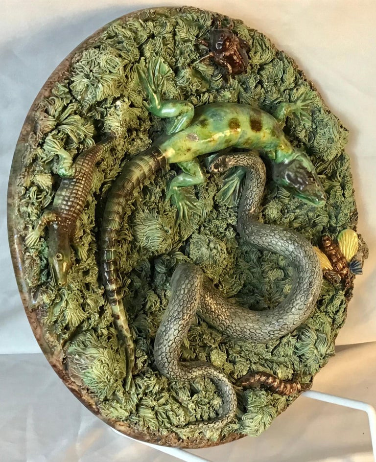 19th Majolica Palissy Snake and Lizard Wall Platter Jose Alves Cunha ...