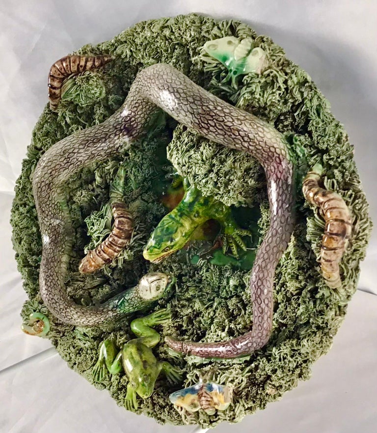 19th Majolica Palissy Snake and Lizard Wall Platter Jose Alves Cunha ...