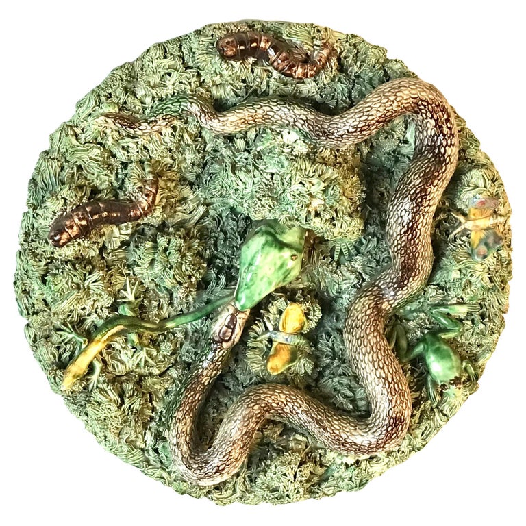 19th Majolica Palissy Snake and Lizard Wall Platter Jose Alves Cunha ...