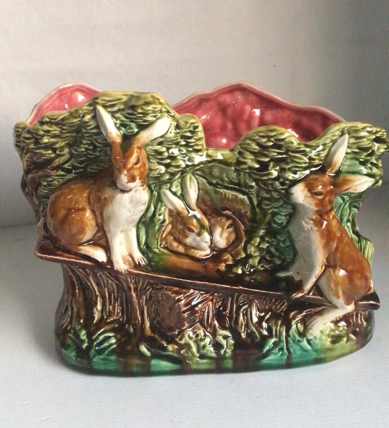 19th Majolica Rabbits Playing Jardinière Sarreguemines For Sale at 1stDibs