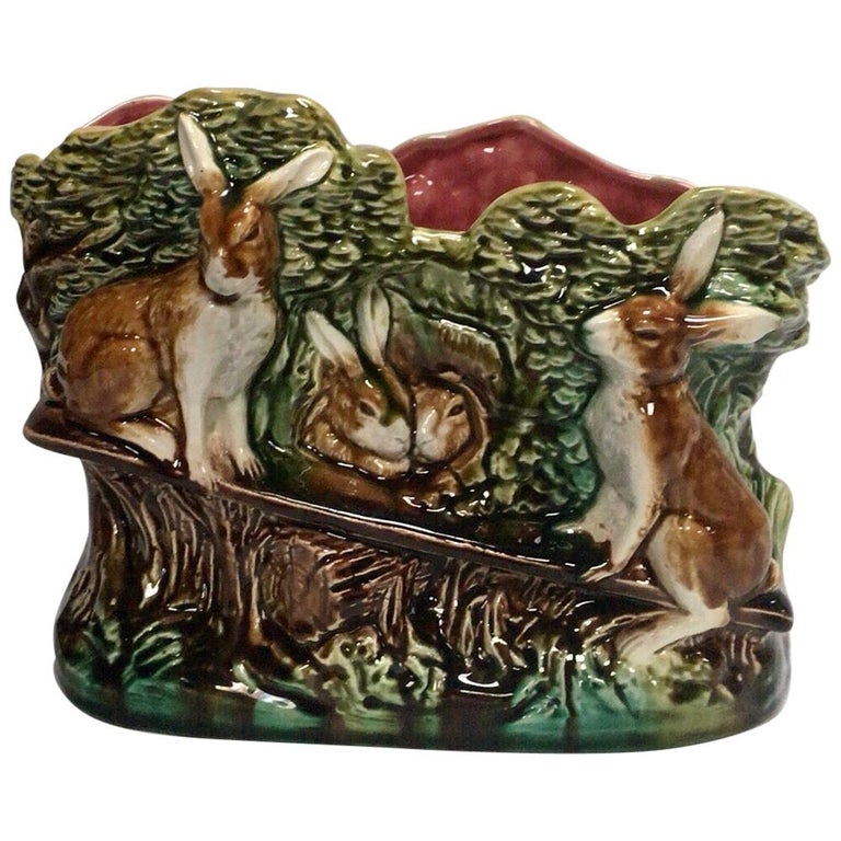 19th Majolica Rabbits Playing Jardinière Sarreguemines For Sale at 1stDibs