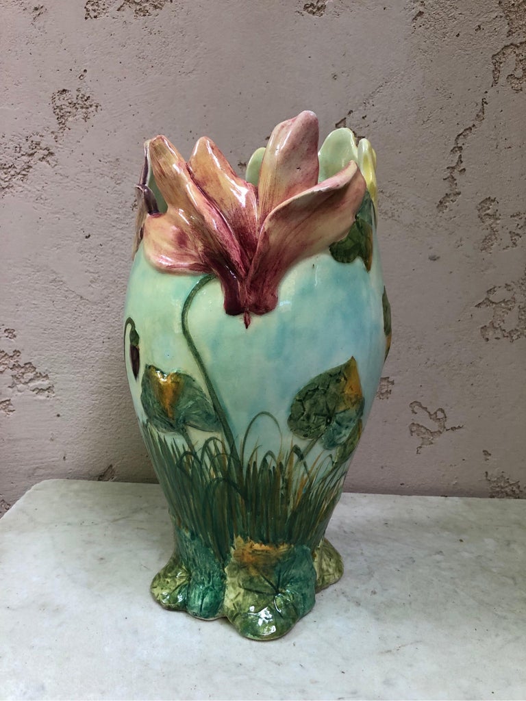 19th Rare French Majolica Cyclamens Vase Jean Massier at 1stDibs