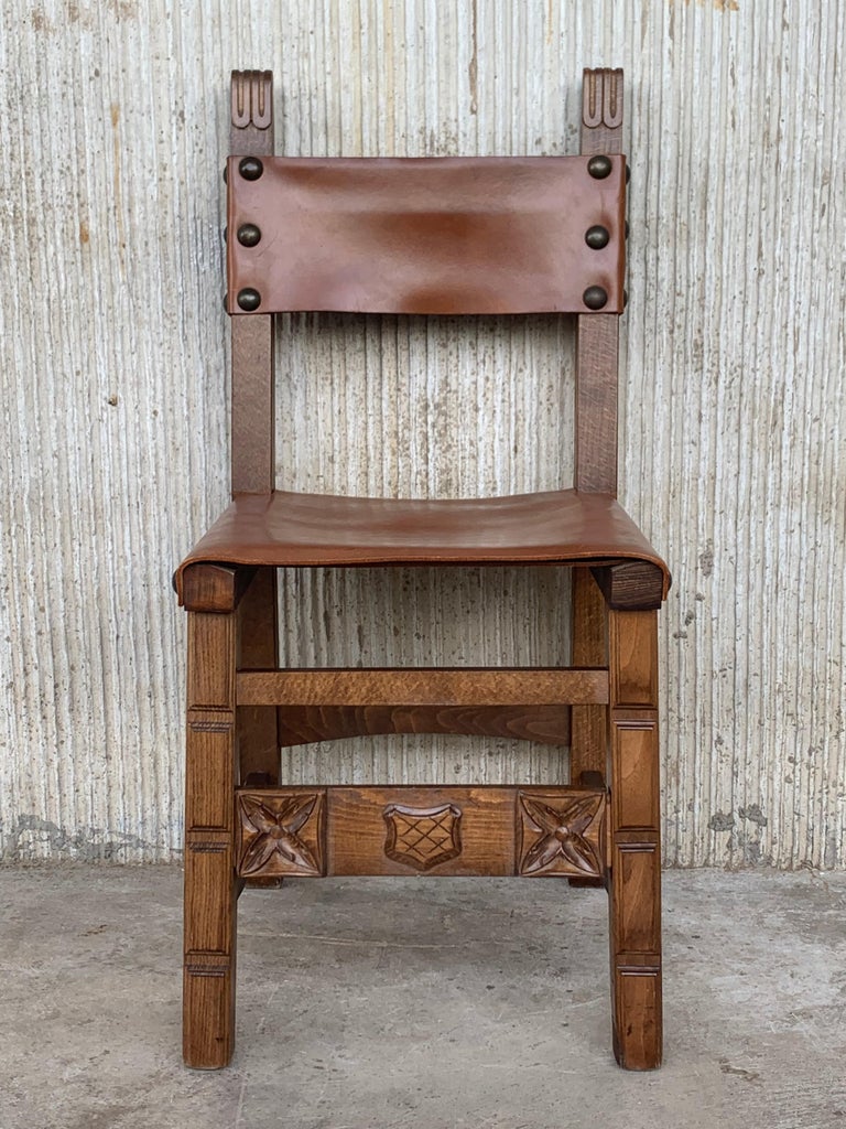 19th Set of Four Spanish Carved Chairs with Leather Seat and Back at ...